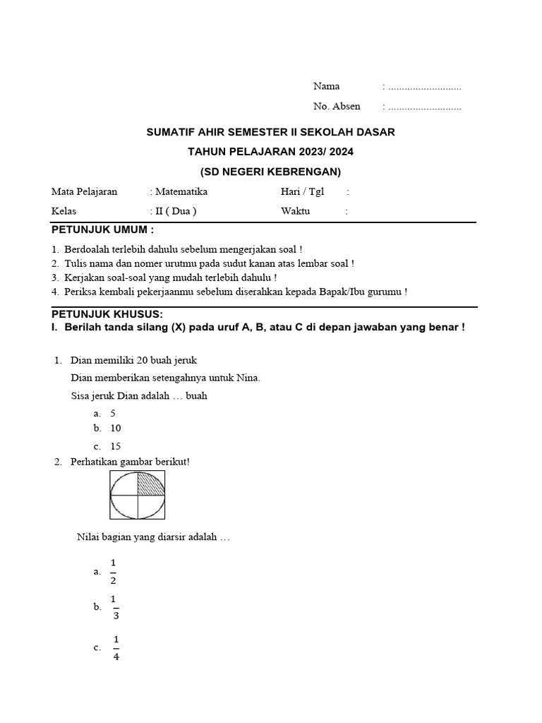 Soal STS 2 Matematika Kelas 2 Fix | PDF