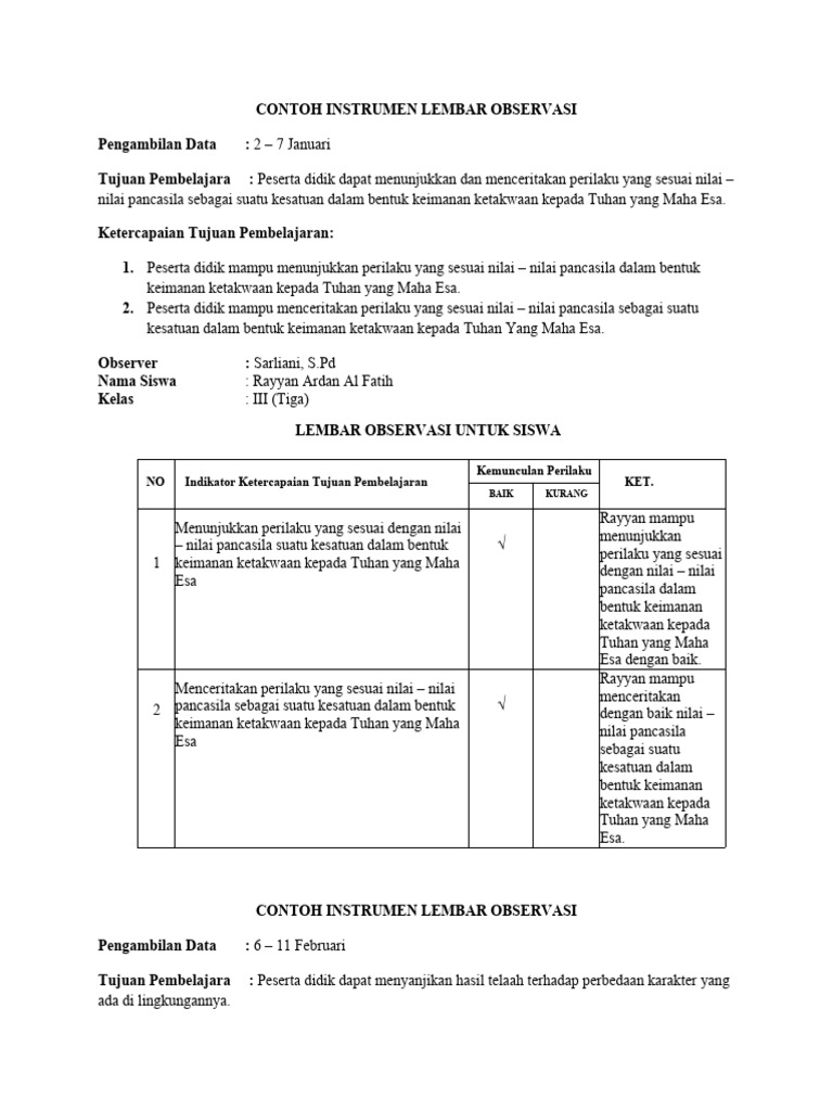 Contoh Instrumen Lembar Observasi Siswa Rayyan | PDF