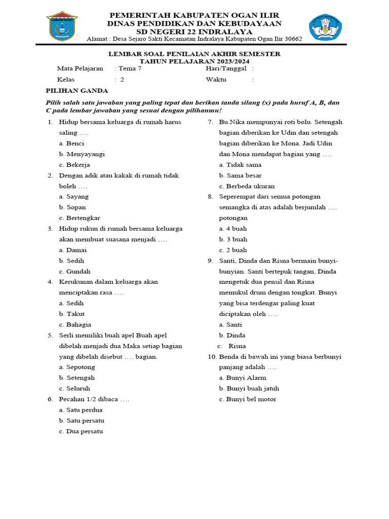 Soal Kls 2 Ujian Tema 7 PAT 2024 | PDF