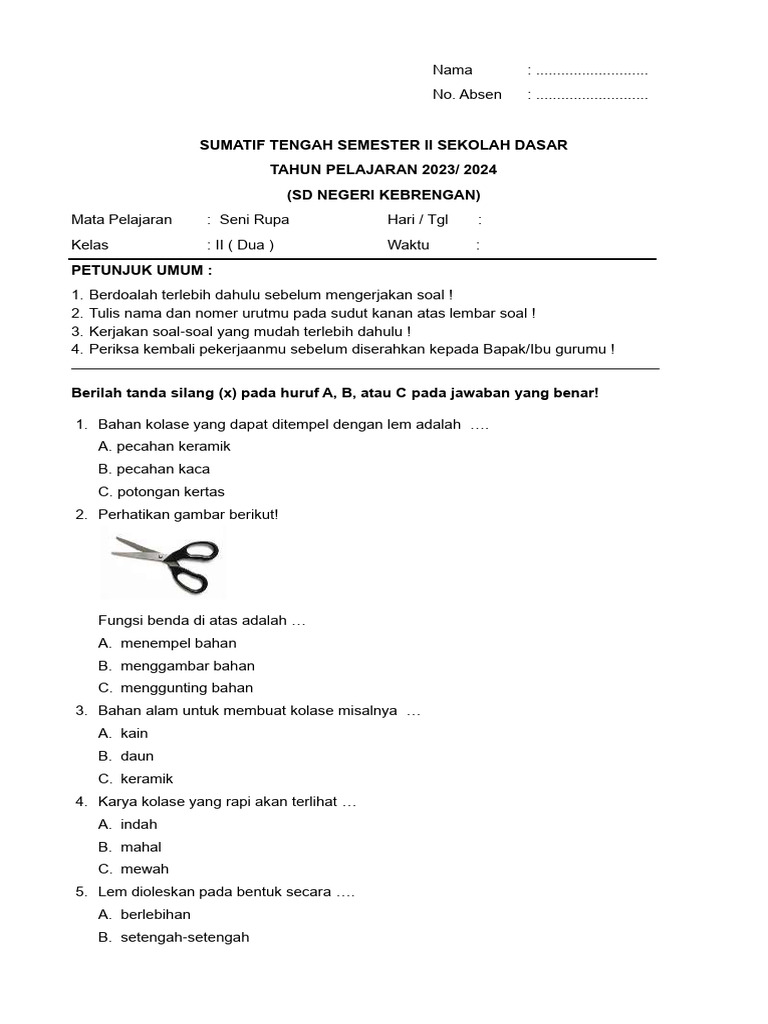 SOAL STS SENI RUPA KELAS 2 SEMESTER 2 FIX | PDF SOAL STS SENI RUPA KELAS 2 SEMESTER 2 FIX | PDF