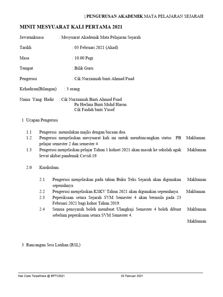 Minit Mesyuarat Sejarah Bil 1 2021 | PDF