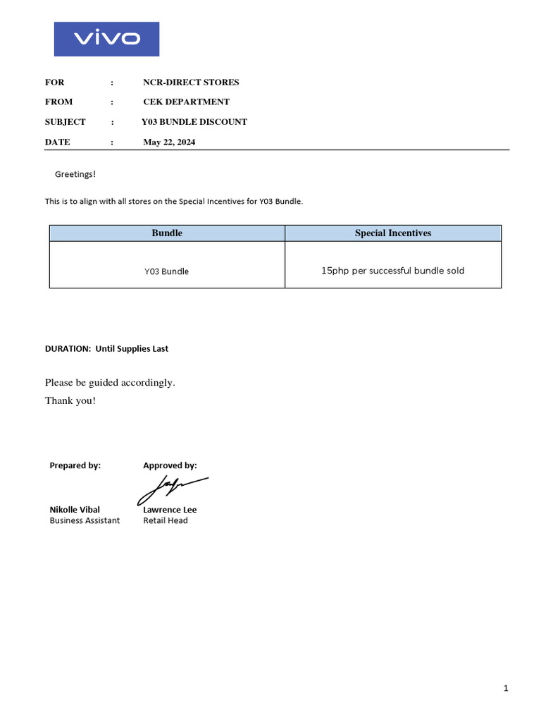 NCR - Y03 Special Store Incentives Memo | PDF
