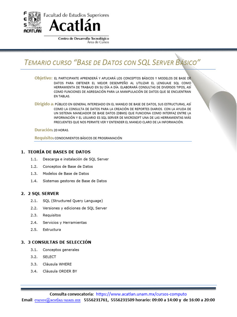 Base de Datos Con SQL Server Basico 20 Hrs Temario | PDF | SQL | Servidor SQL de Microsoft