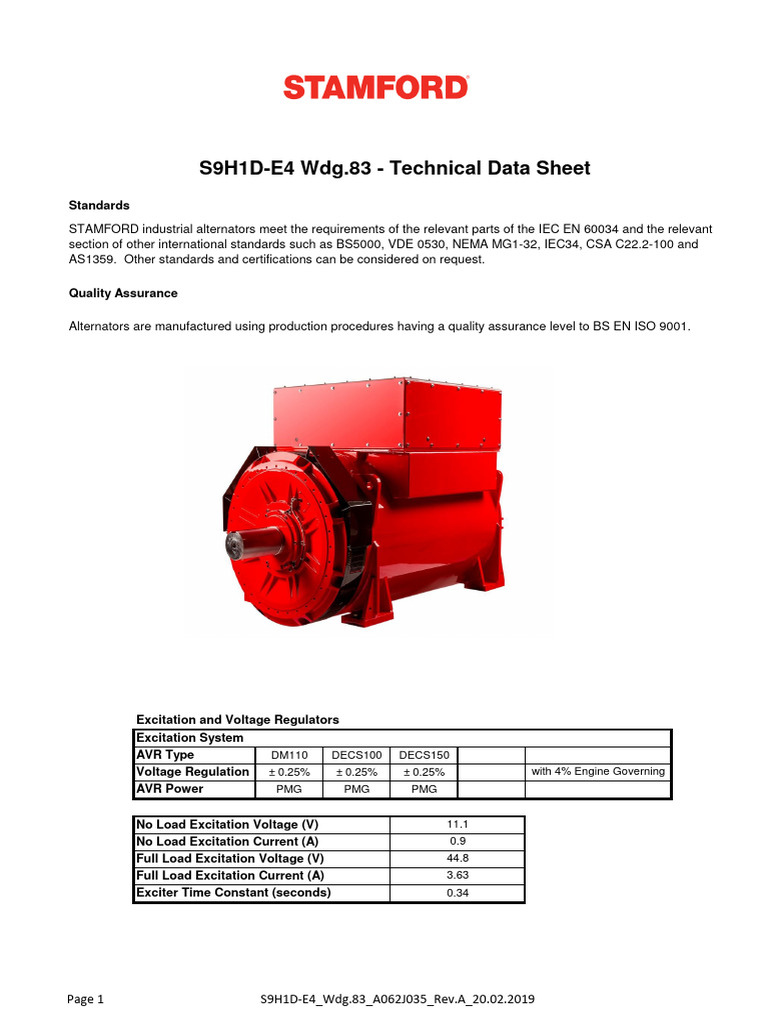 S9H1D-E4 Alternator Technical Data Sheet | PDF | Electric Generator ...