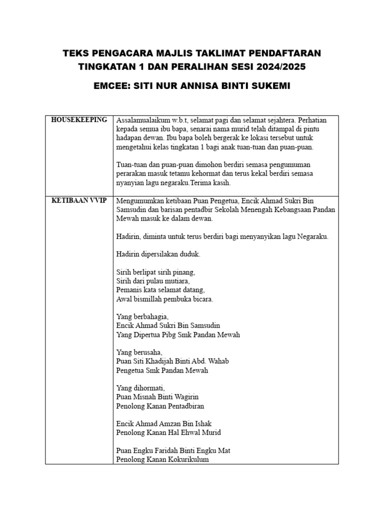 Teks Pengacara Majlis Taklimat Pendaftaran Tingkatan 1 Dan Peralihan Sesi 2024 | PDF