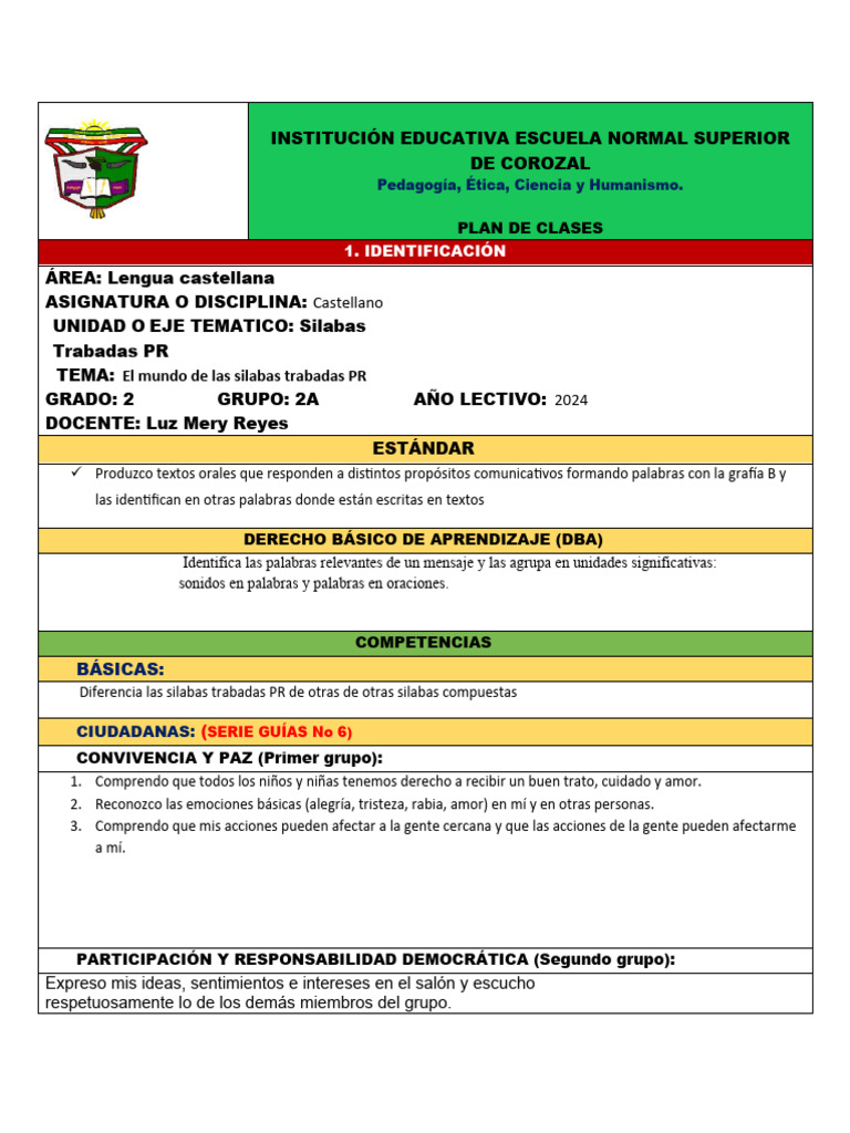 Plan de Clase de Lengua Castellano Listo | PDF | Sílaba | Lengua española