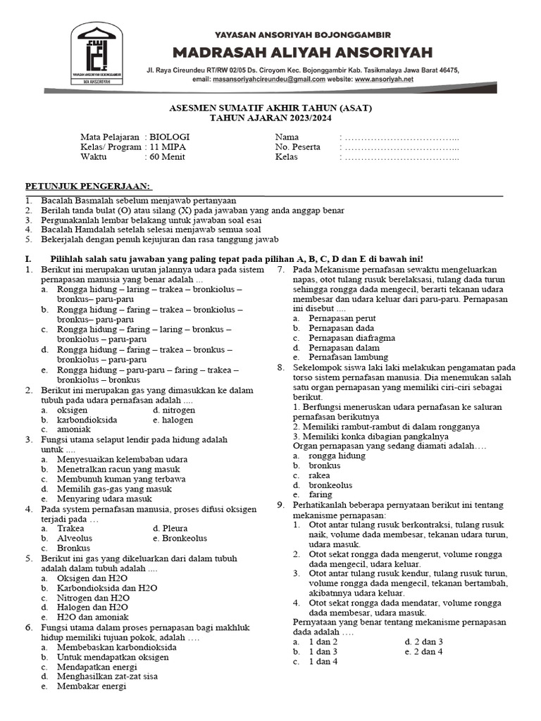 Asat Biologi Kelas 11 - 123835 | PDF