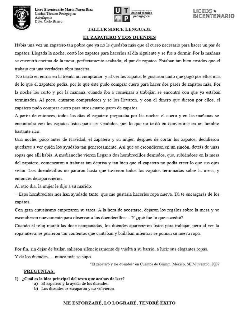 Taller Simce Lenguaje El Zapatero y Los Duendes | PDF