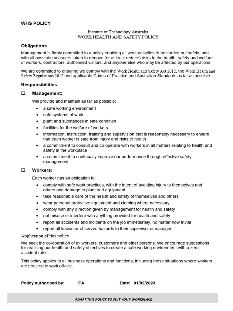 ITA - Work Health and Safety Policies | PDF | Occupational Safety And ...