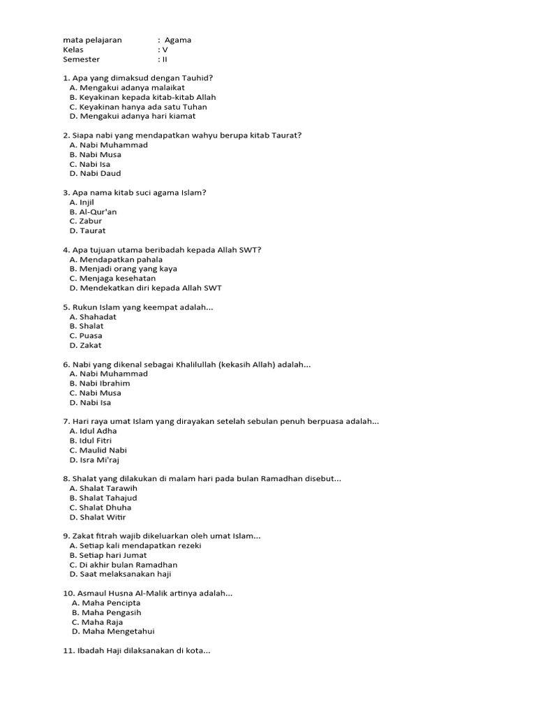 Soal Agama Kelas 5 | PDF