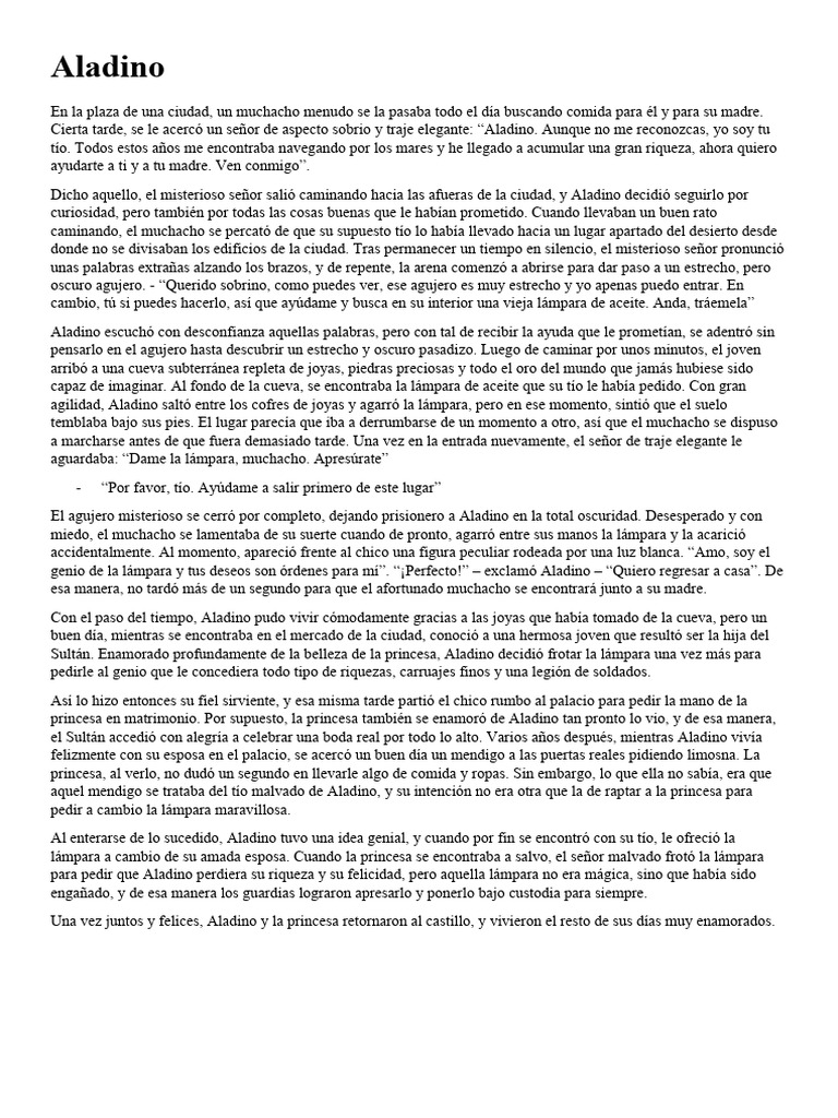 Aladino y la lámpara mágica: un cuento clásico | PDF