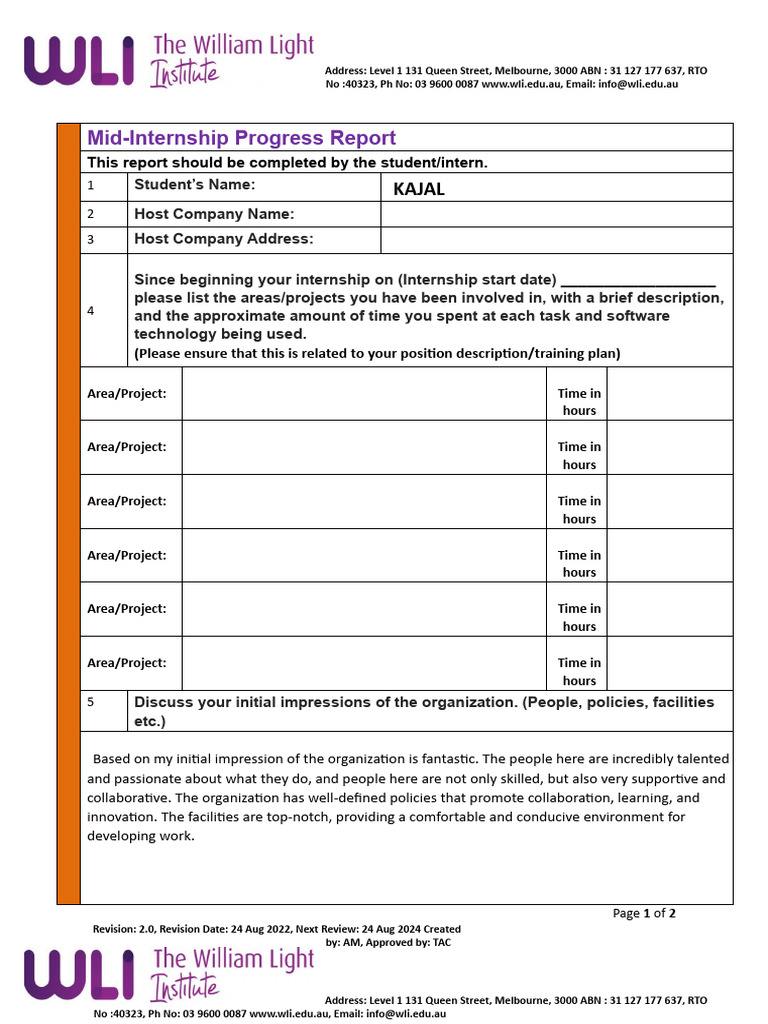 Mid Internship Student Progress Report (Student) Fillable | PDF | Agile ...