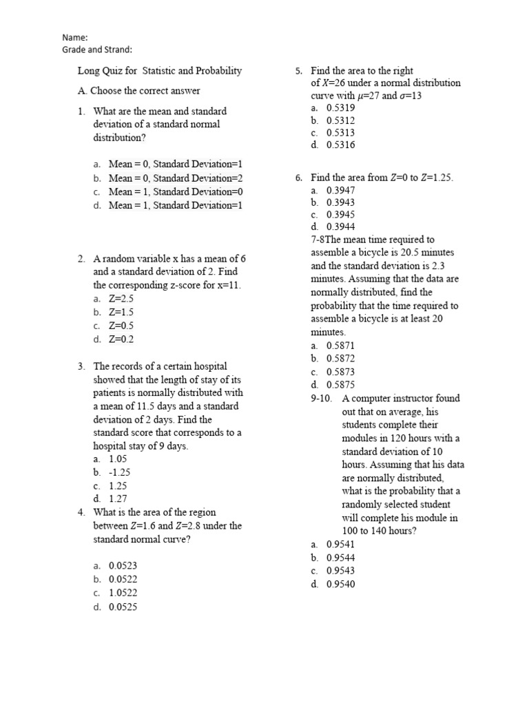 Long Quiz Statistic and Probability | PDF | Mean | Normal Distribution