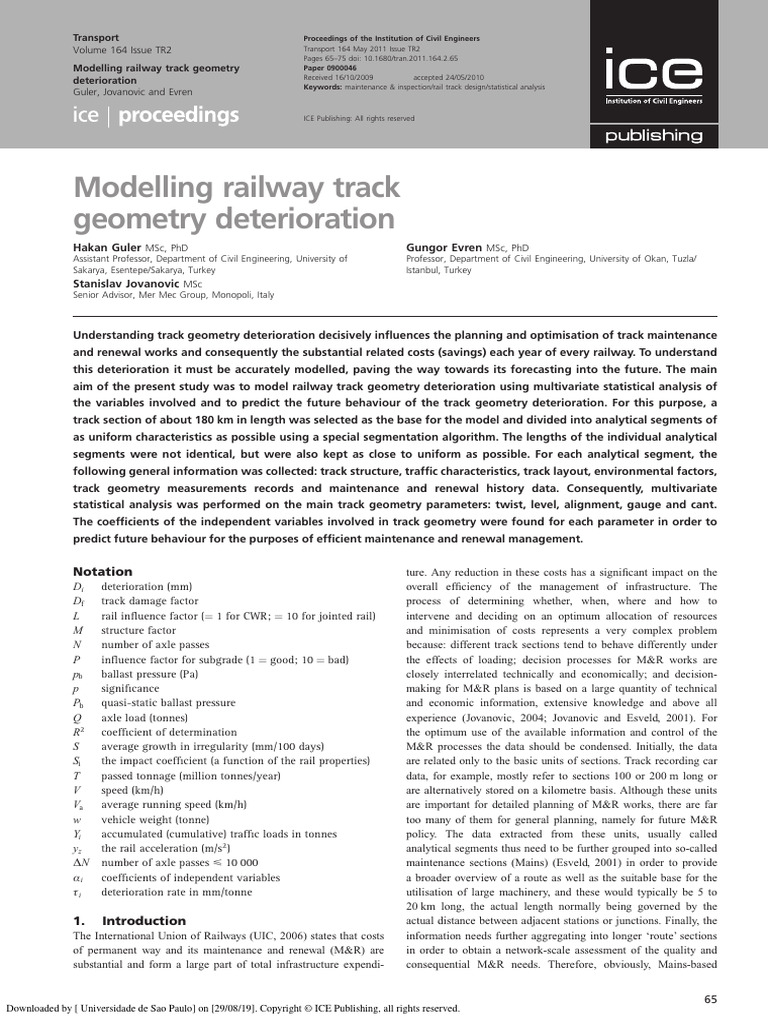 Guler, Jovanovic, Evren - Modelling railway track geometry deterioration - 2011 | PDF | Rail ...