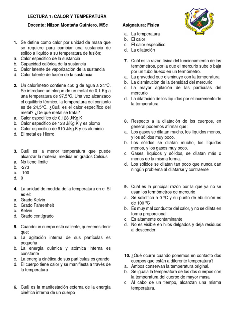TALLER 2 TEST TERMODINAMICA FINAL | PDF | Calor | Temperatura