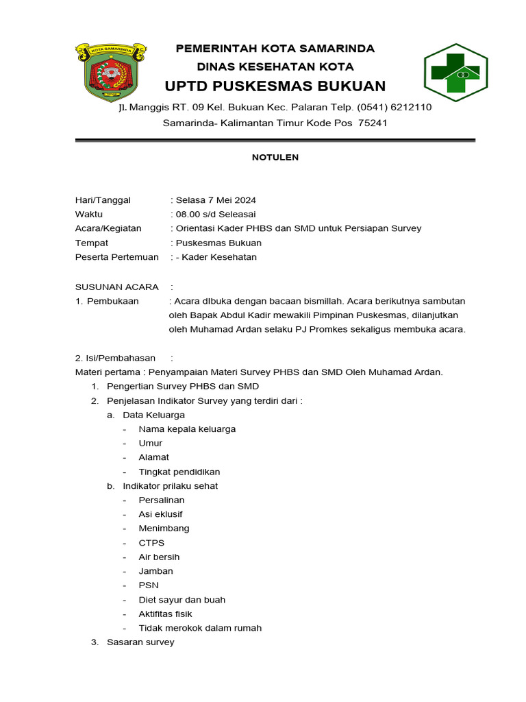 Form Notulen Pertemuan Phbs Dan Smd | PDF