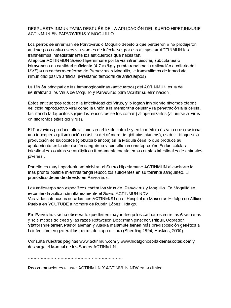 Suero Hiperinmune Actinmun en Parvovirus y Moquillo | PDF | Anticuerpo ...