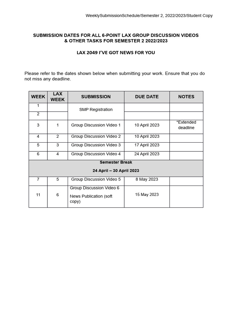 LAX2049 WEEKLY SUBMISSION SCHEDULE - STD | PDF