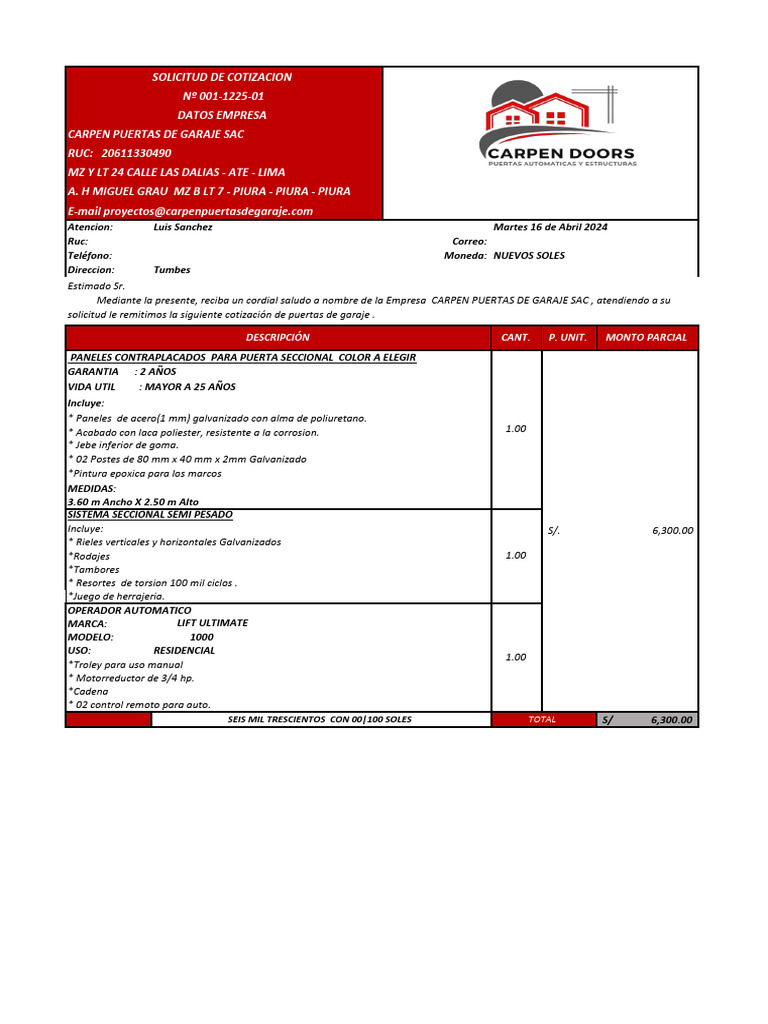 Carpen - Ppto - 1225-2024 - Luis Sanchez - Garaje Seccional | PDF