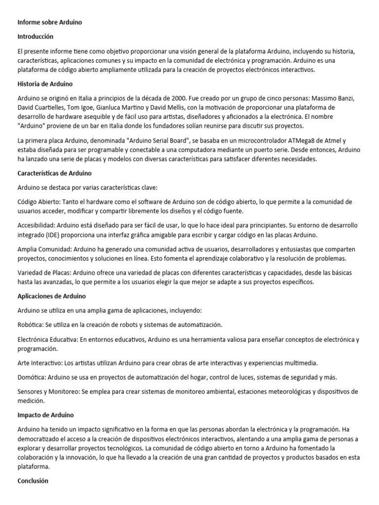 Informe Sobre Arduino | Descargar gratis PDF | Arduino | Ingeniería Informática