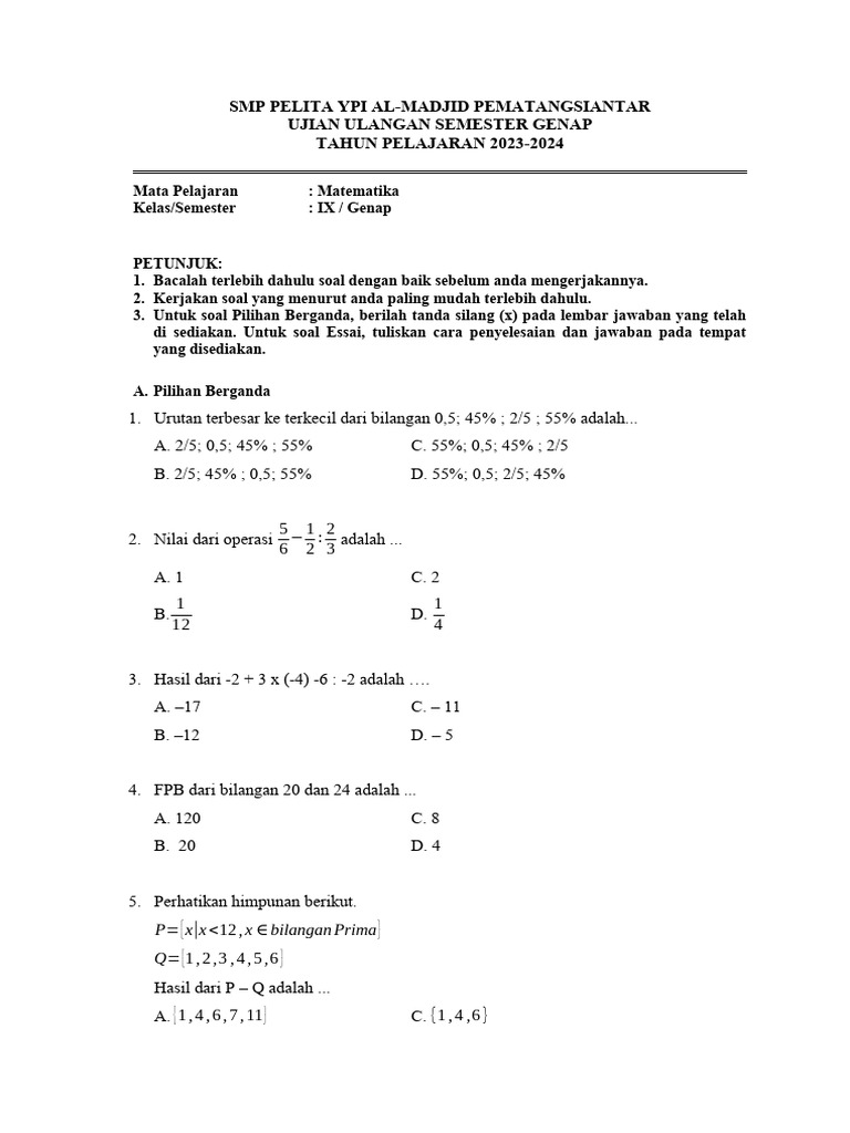 Soal US Matematika Kelas IX | PDF