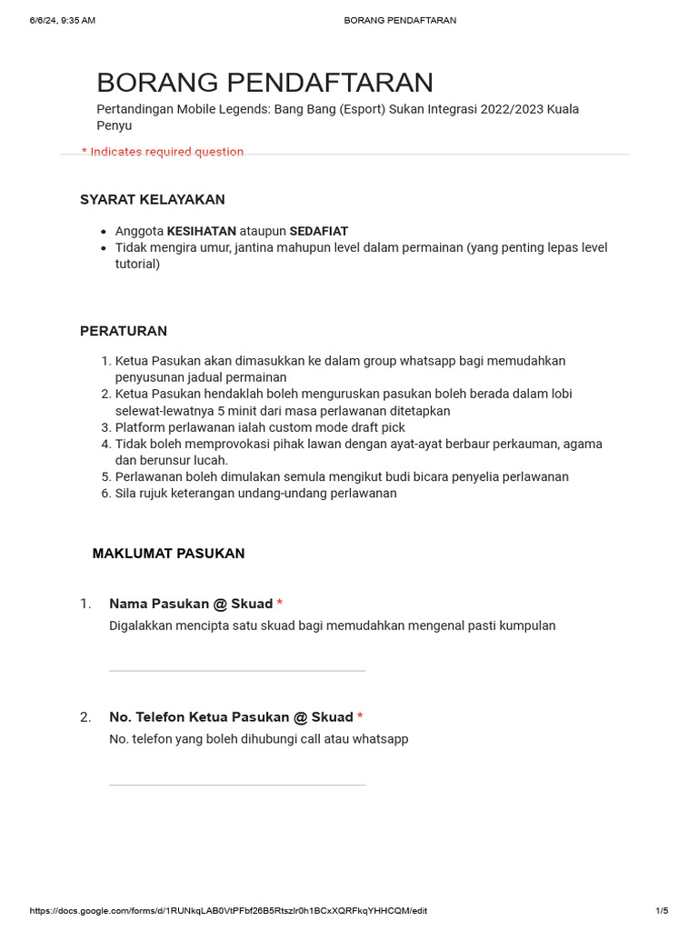 BORANG PENDAFTARAN - Google Forms | PDF