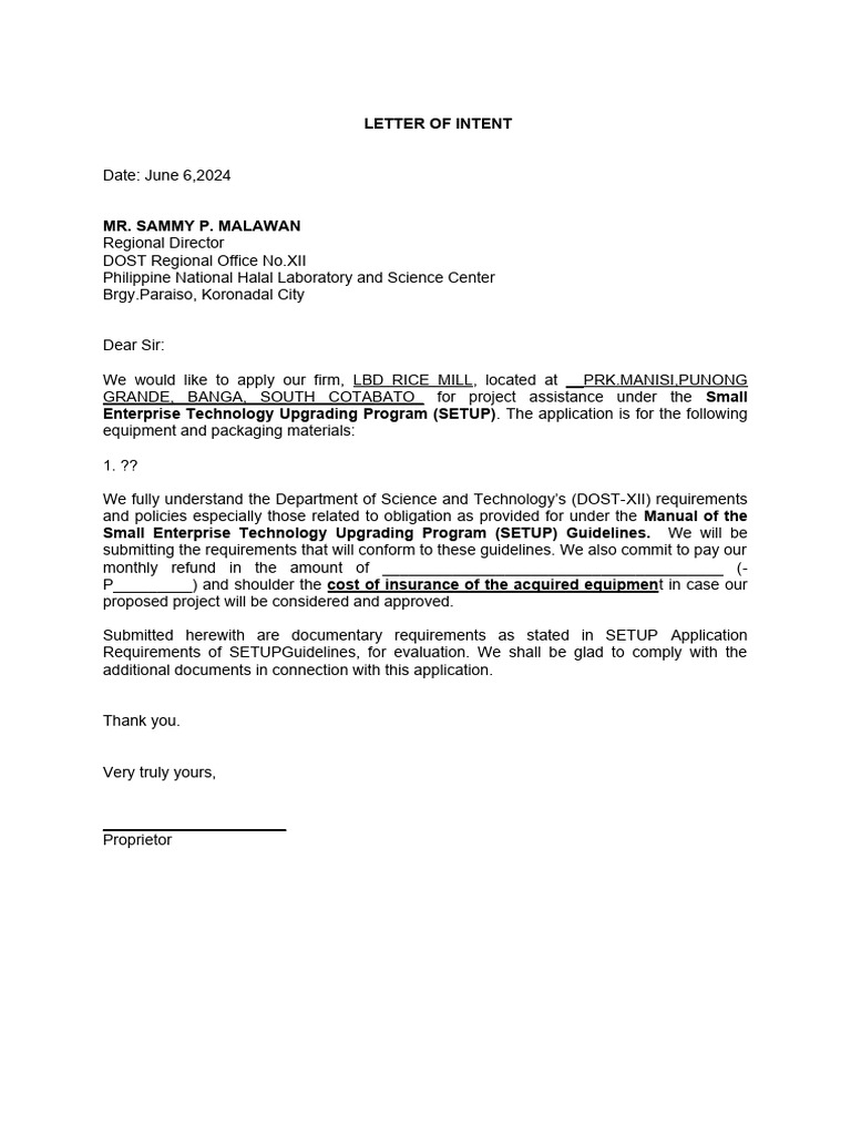 Letter of Intent For DOST XII Assistance | PDF