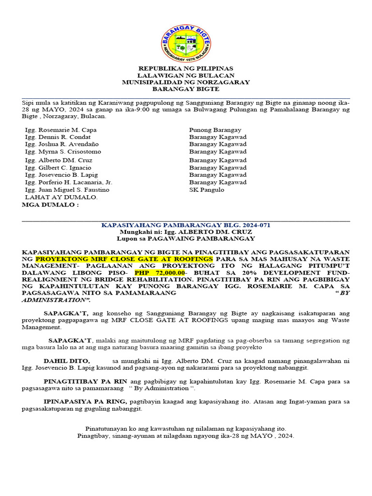 Reso 2024-071 CLOSE GATE AND ROOF MRF | PDF