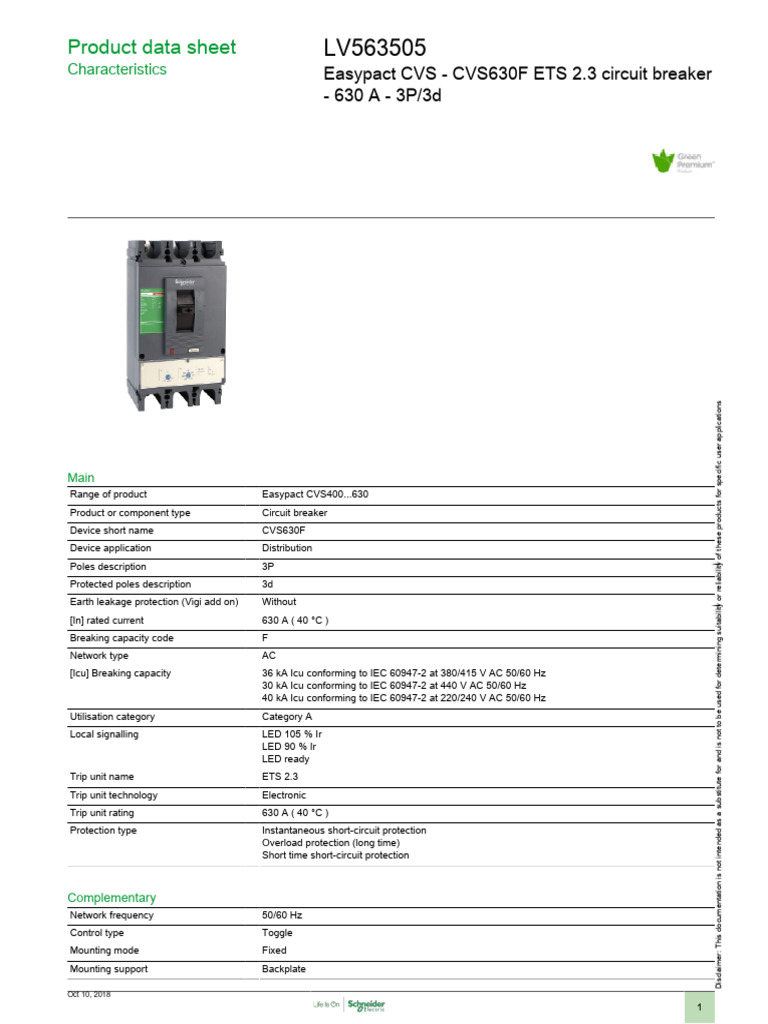 Product Data Sheet: Easypact CVS - CVS630F ETS 2.3 Circuit Breaker ...