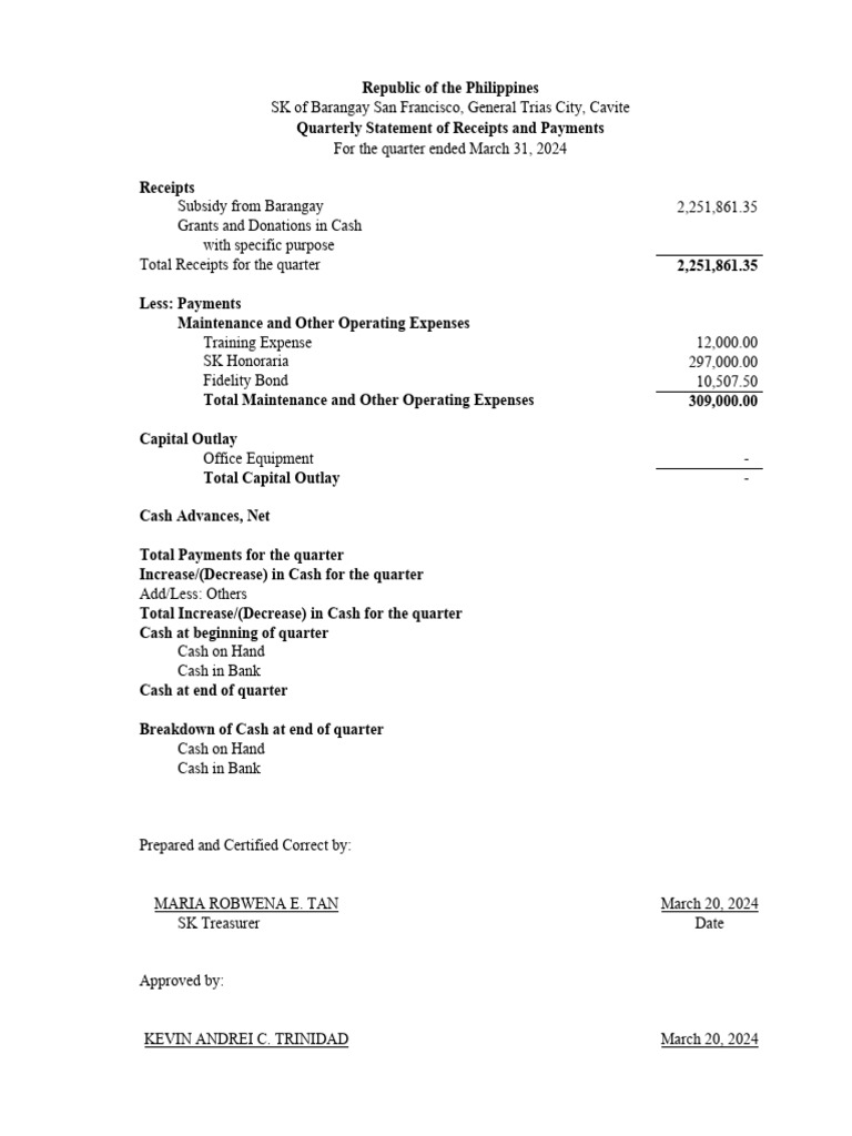 Quarterly Statement of Receipts and Payments | PDF