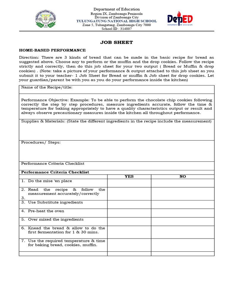 Bread and Pastry Job Sheet, Rubrics Criteria | PDF | Breads | Muffin