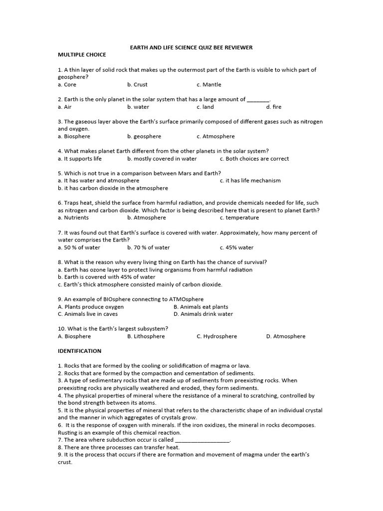 Earth and Life Science Quiz Bee Reviewer | PDF | Earth | Rock (Geology)