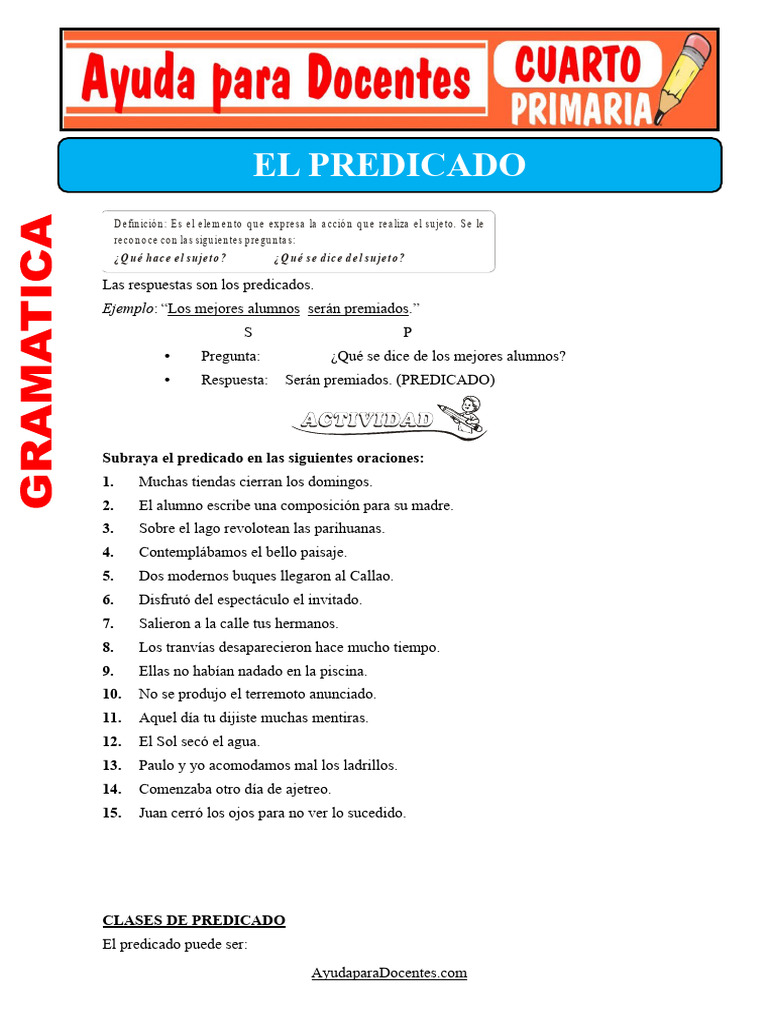 El Predicado para Cuarto de Primaria 1 | PDF | Predicado (Gramática ...