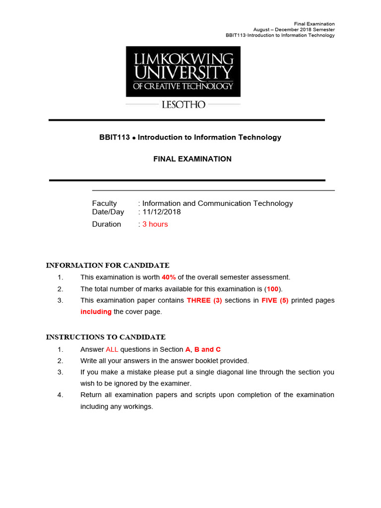 Introduction To Information Technology (BBIT113) 2018 P1 | PDF ...
