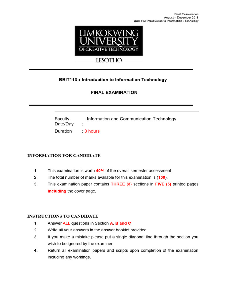 Introduction To Information Technology (BBIT113) 2018 P2 | PDF ...