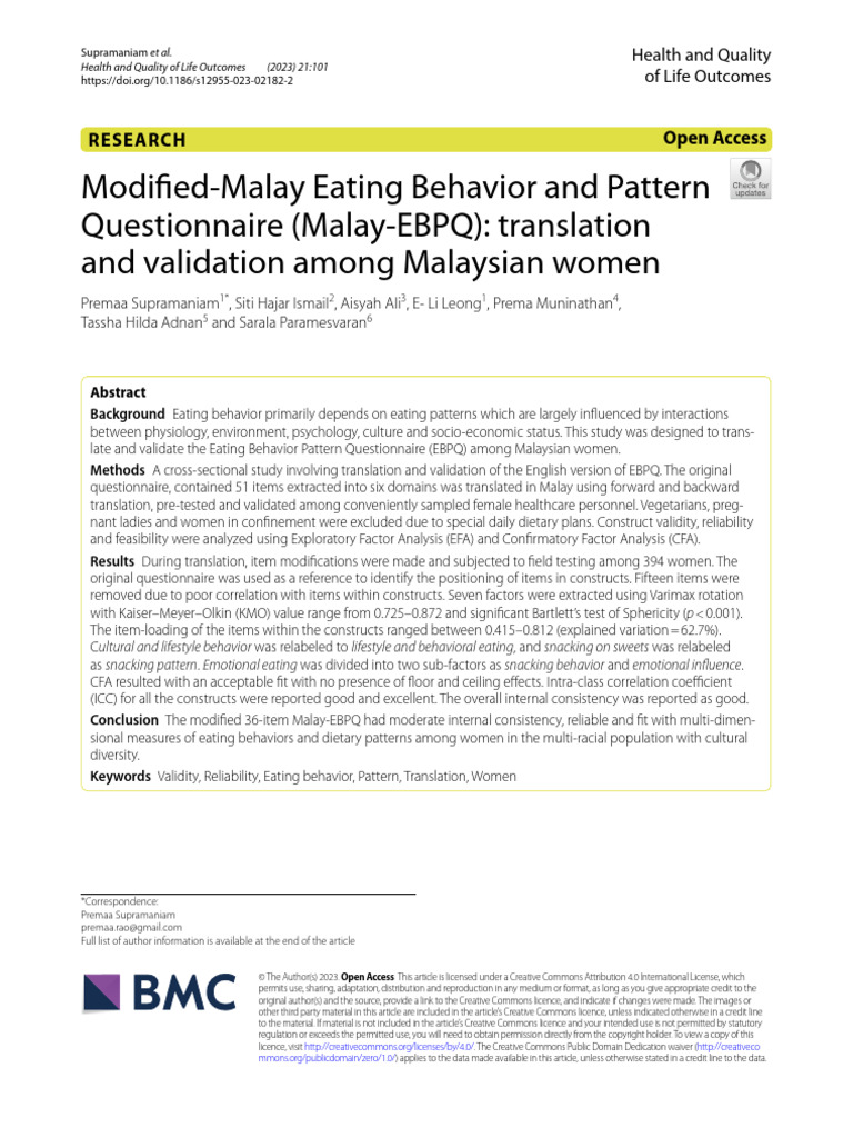 Modifed-Malay Eating Behavior and Pattern Questionnaire (Malay-EBPQ ...