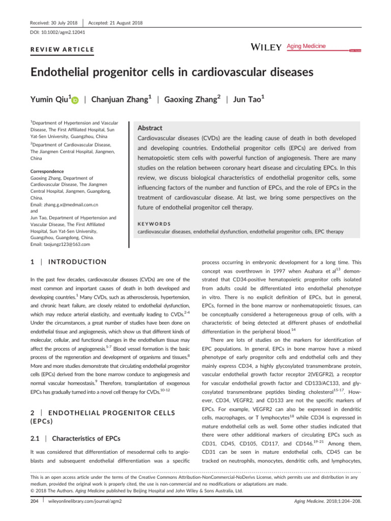 Endothelial Progenitor Cells in Cardiovascular Diseases | PDF ...
