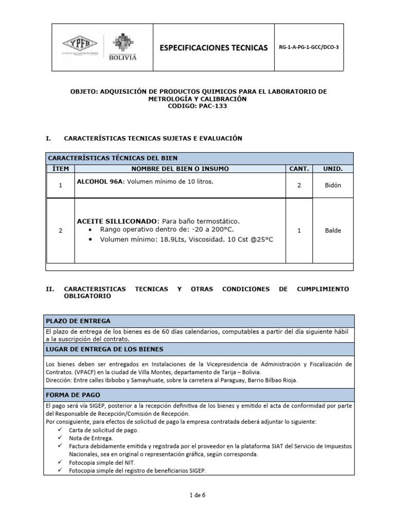 Especificaciones Técnicas Pac-133 | PDF | Factura