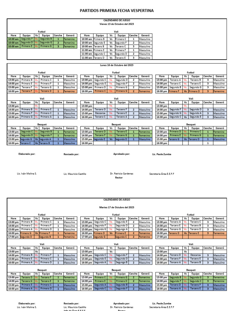 Calendario de Juego Vespertina | PDF