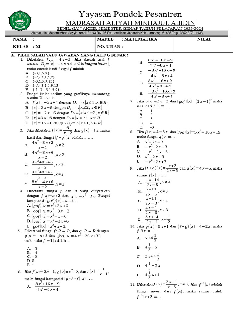 Soal Pat MTK W Kelas X MGMP 2022-2023 | PDF