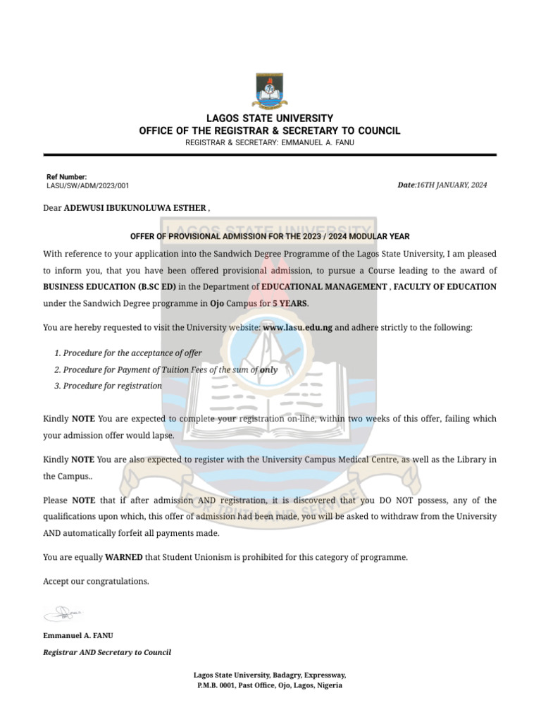 Sandwich Programme - Admission Letter | PDF
