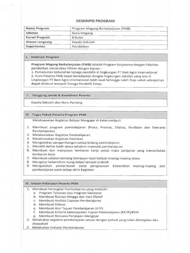 Deskripsi Program Magang Berkelanjutan PMB | PDF