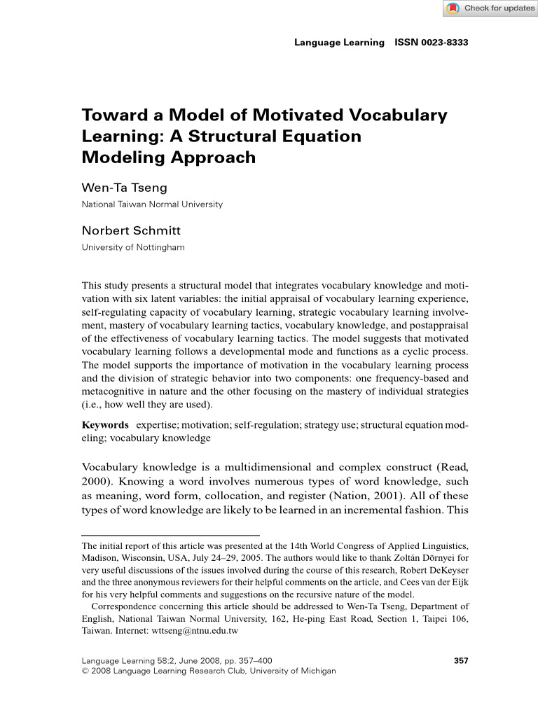 Language Learning - 2008 - Tseng - Toward a Model of Motivated Vocabulary Learning a Structural ...