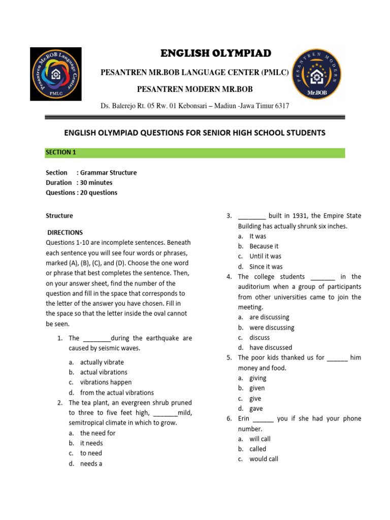 English Olympiad Tests | PDF | Communication | Sympathy