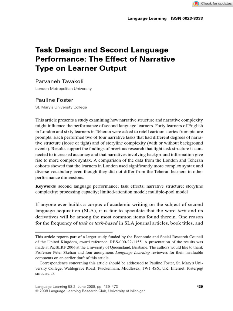 Language Learning - 2008 - Tavakoli - Task Design and Second Language Performance the Effect of ...