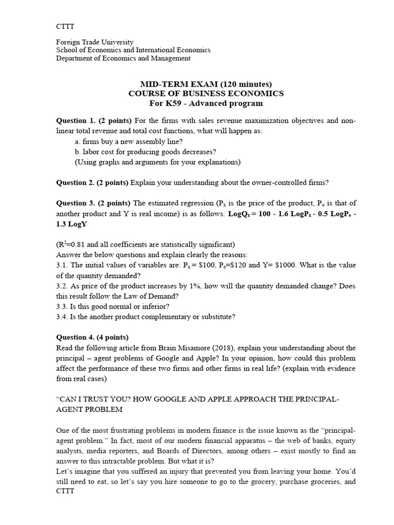 Business Economics Midterm Exam | PDF | Demand | Economics