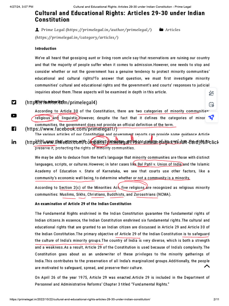 Cultural and Educational Rights - Articles 29-30 Under Indian ...