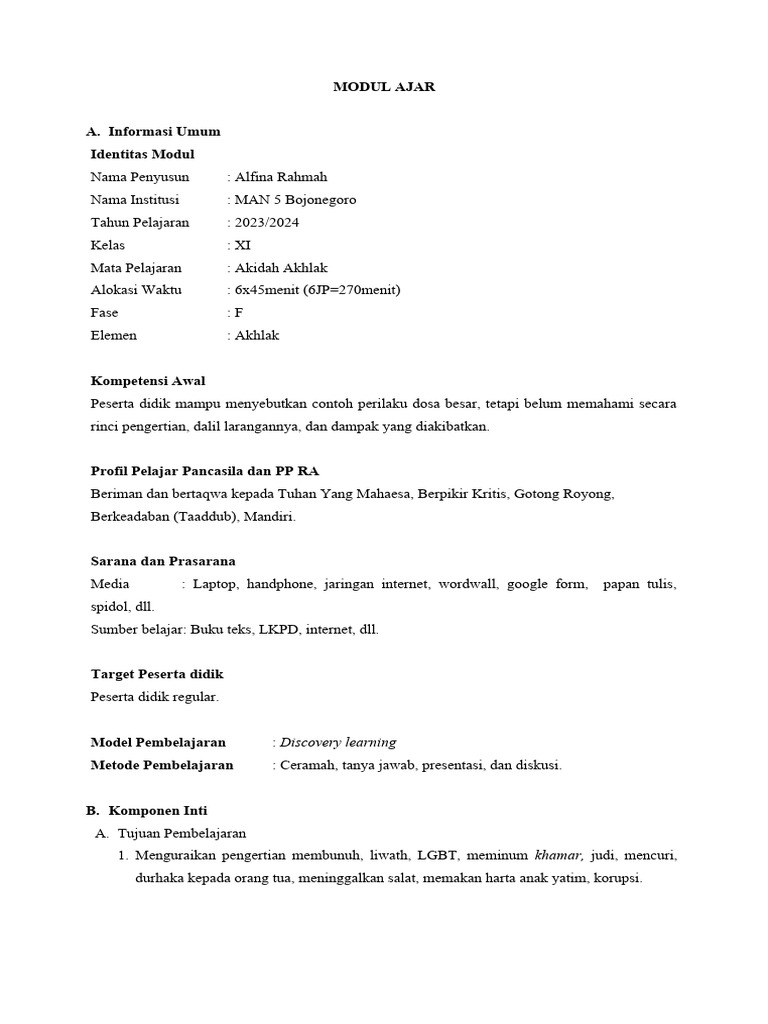 Alfina Modul Ajar Akidah Xi Fiks+Ttd | PDF
