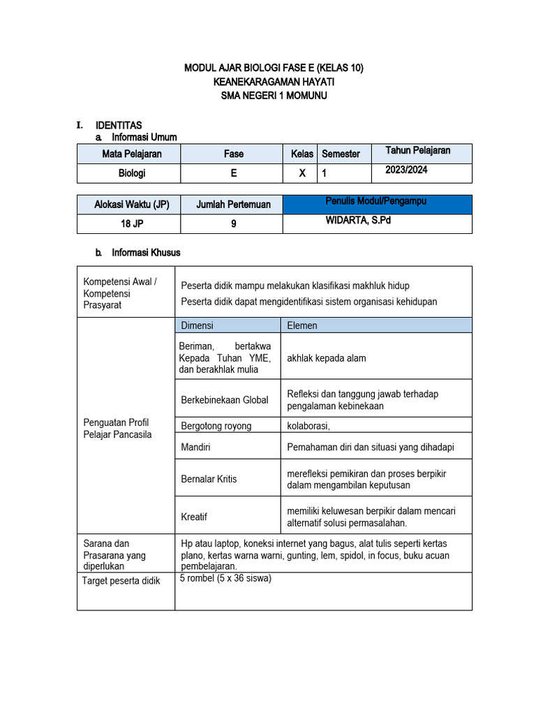 Contoh Modul Keanekaragaman Hayati Kelas X BJ Habibie | PDF