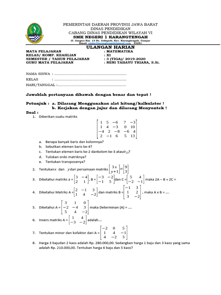 Ulangan Harian Matriks | PDF